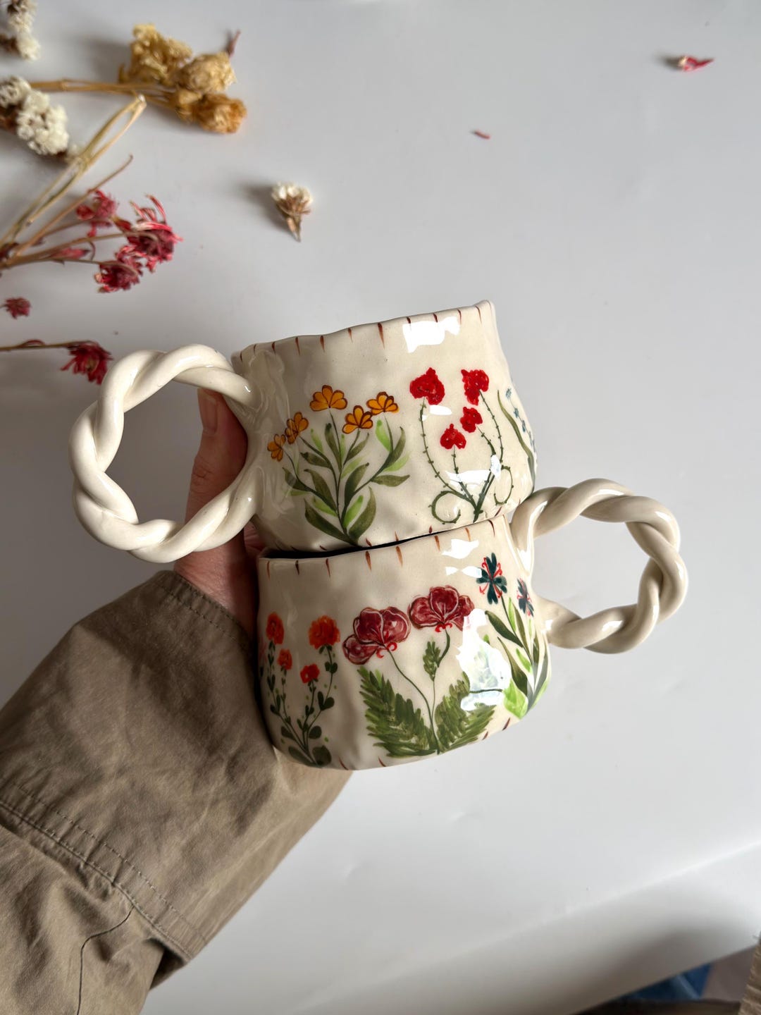 Handmade Ceramic Wildflower Mug: Floral Tea or Coffee Cup With Twisted ...