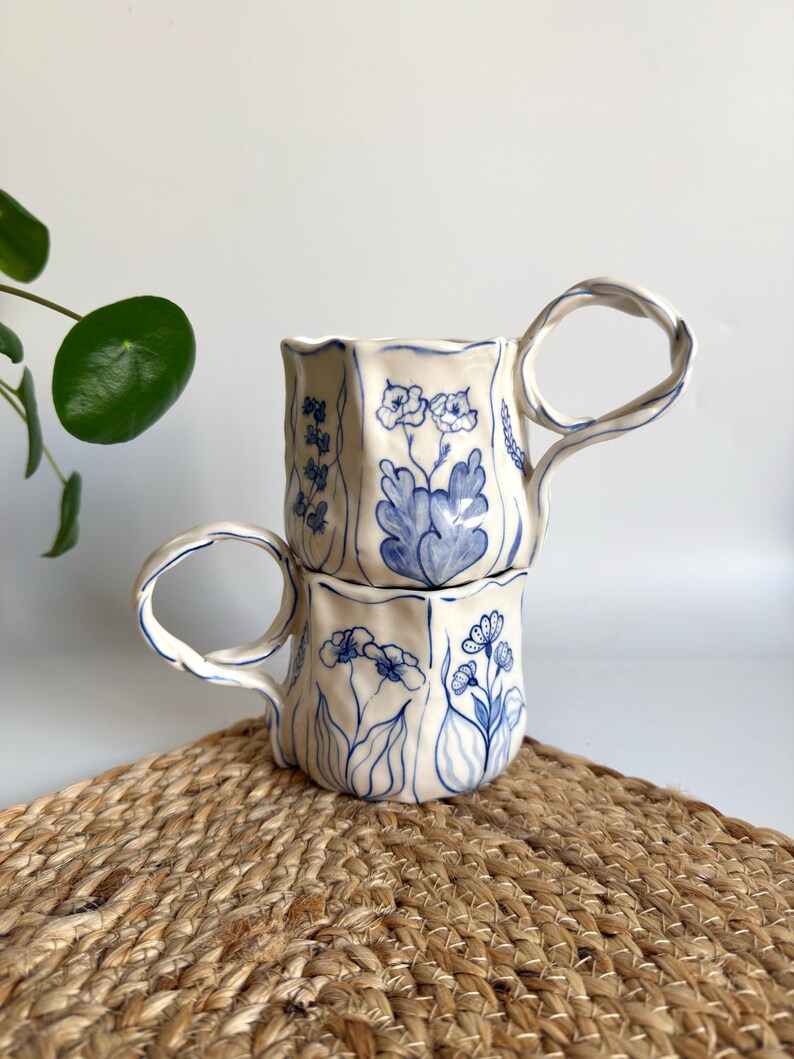 Handmade Unique Blue Floral Ceramic Mugs - Hand Painted Rustic Ceramic ...