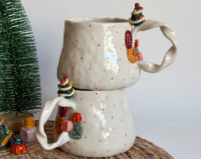 Christmas Handmade Ceramic Mug, Elegant Handmade Ceramic Mug With Mini ...