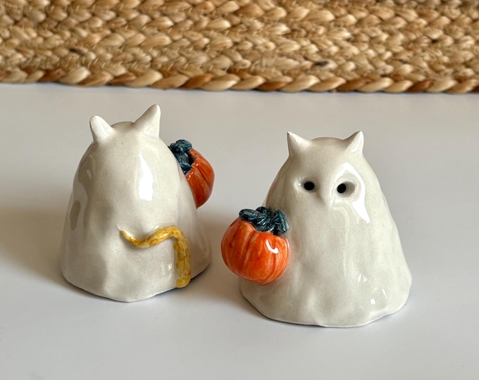 Handmade Ceramic Cat Ghost With Pumpkin Basket, Unique Miniature ...