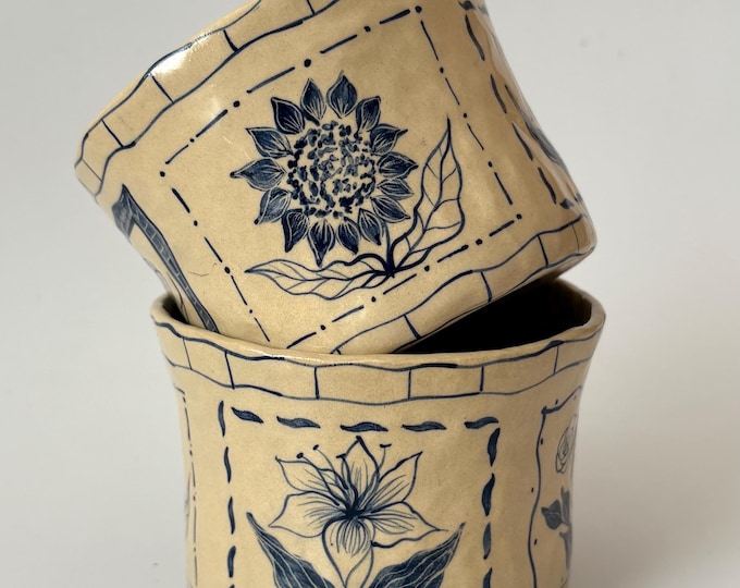 Ochre Series No:1 - Handmade Ceramic Mug Blue Floral, Tarot Ceramic Cup ...
