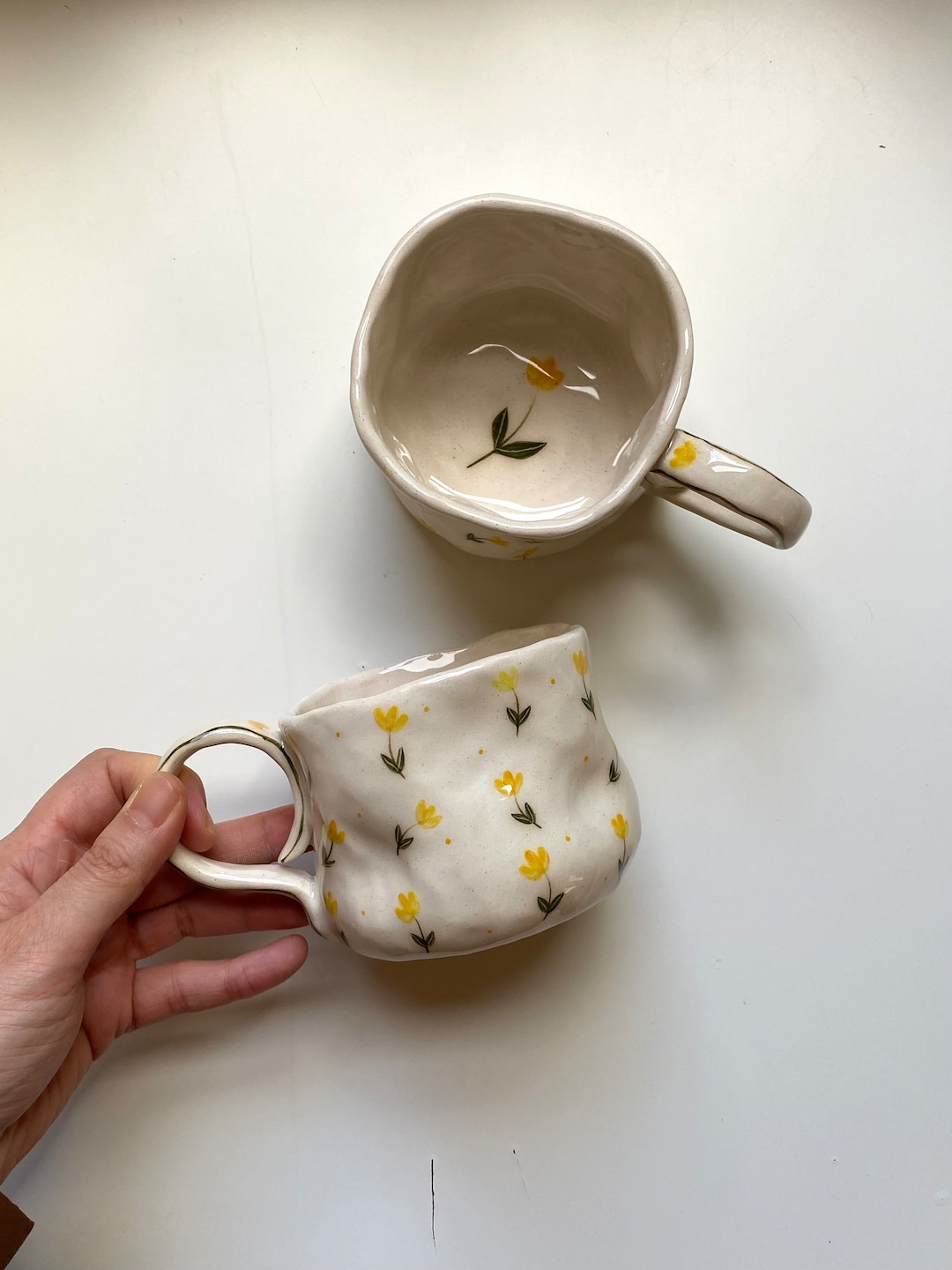 Cute Minimalist Yellow Flower Mug - Handmade Ceramic Floral, Botanic ...