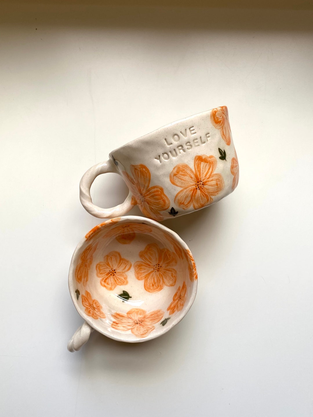 Handmade Ceramic Mug With "love Yourself" and Orange Flowers, Hand ...