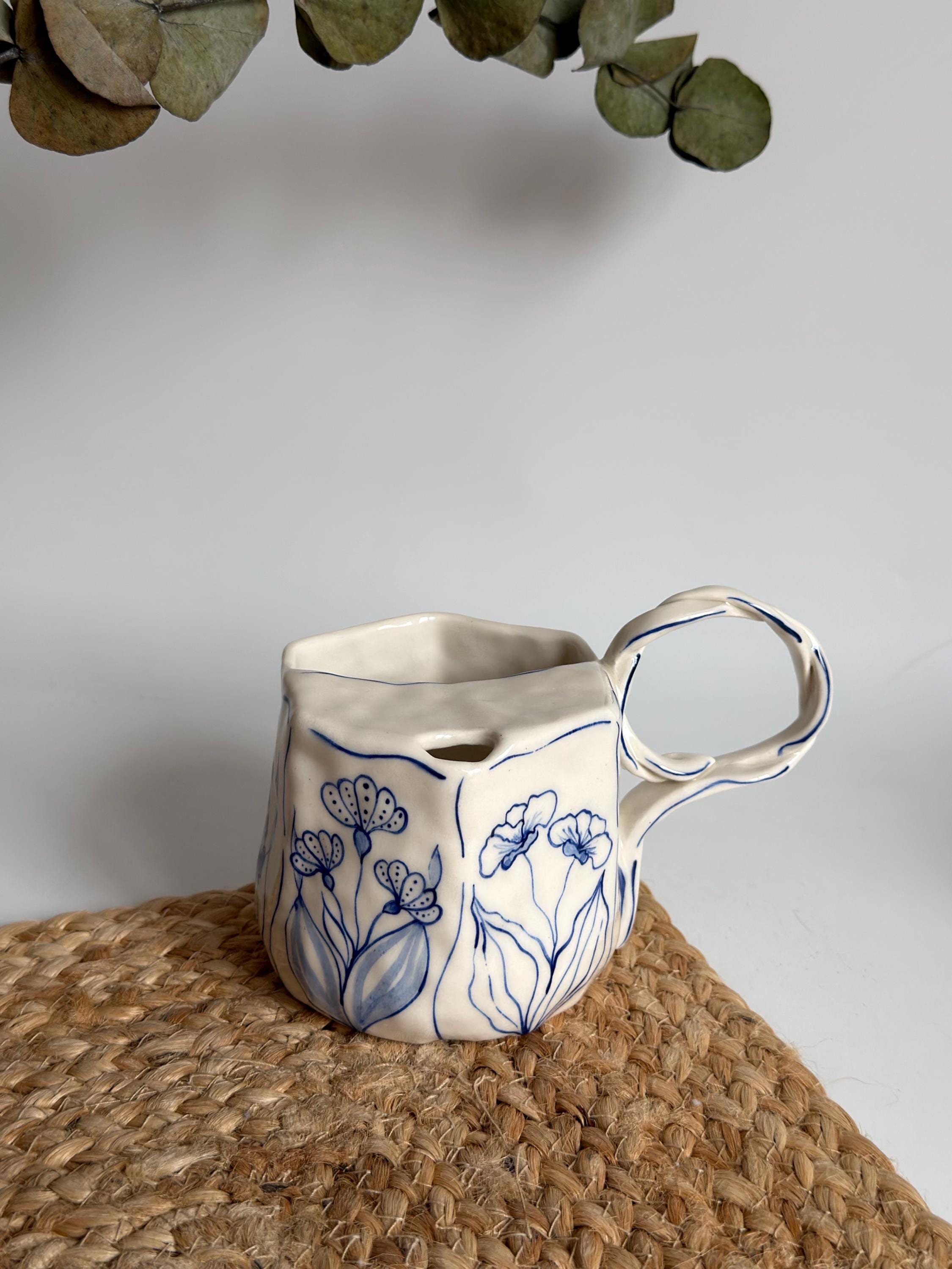 Handmade Unique Blue Floral Ceramic Mugs - Hand Painted Rustic Ceramic ...