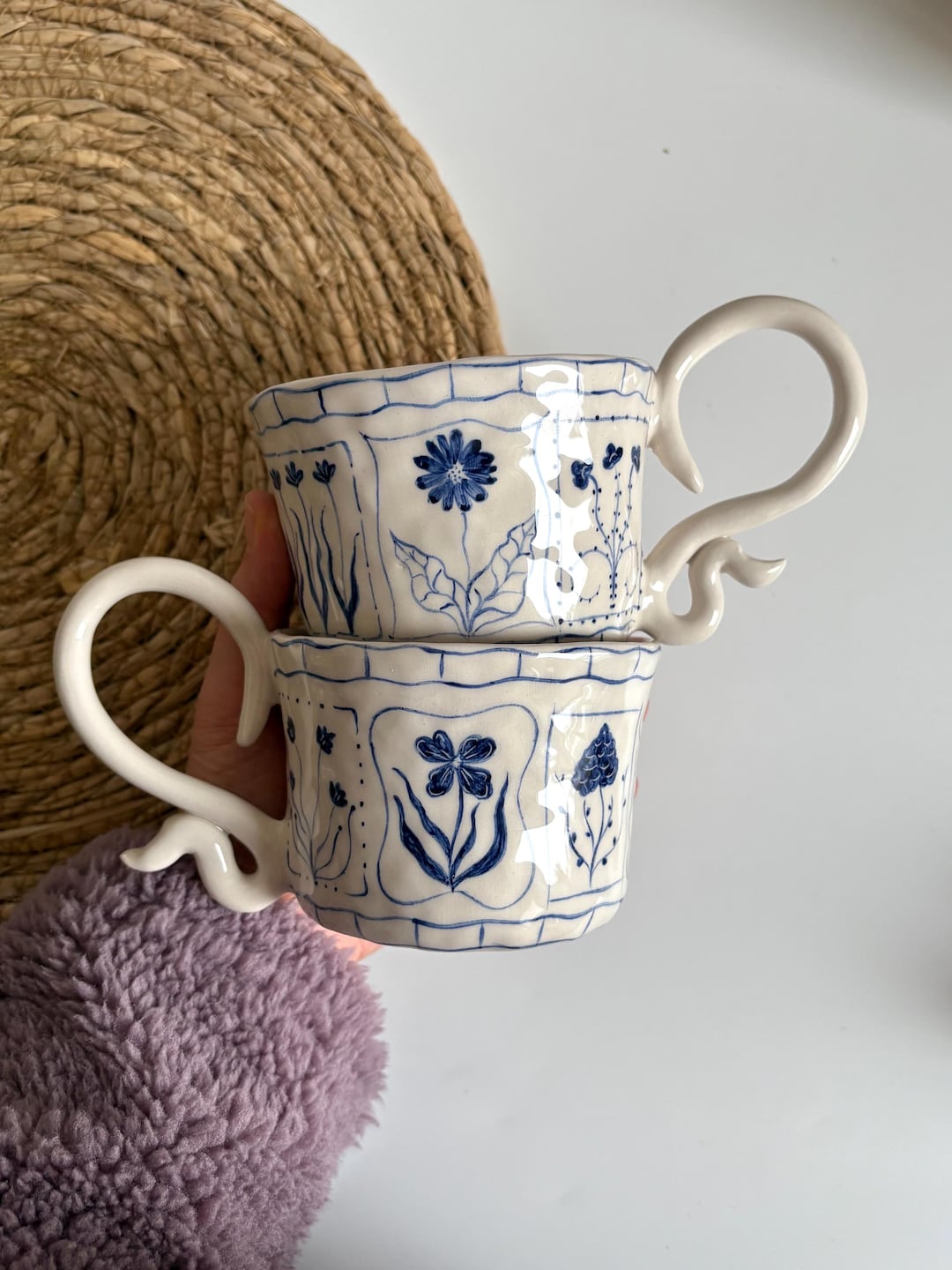 Handmade Blue Floral Ceramic Mugs - Hand Painted Rustic Ceramic Tea ...