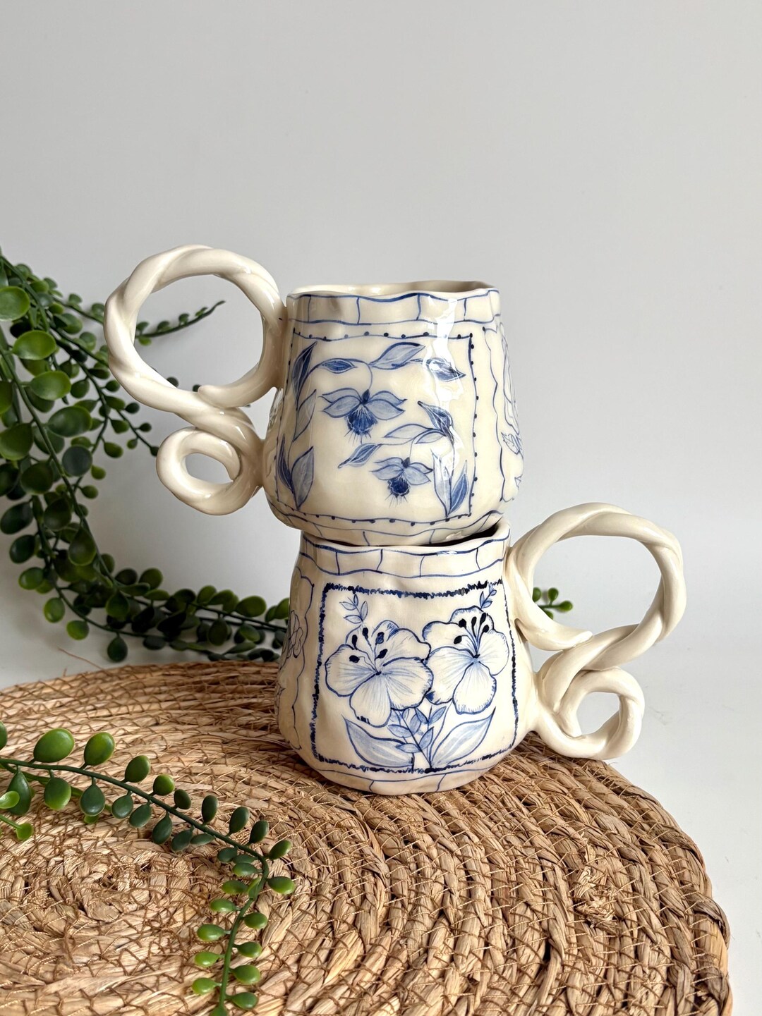 Handmade Blue Floral Ceramic Mug - Hand Painted Rustic Ceramic Tea Mug ...