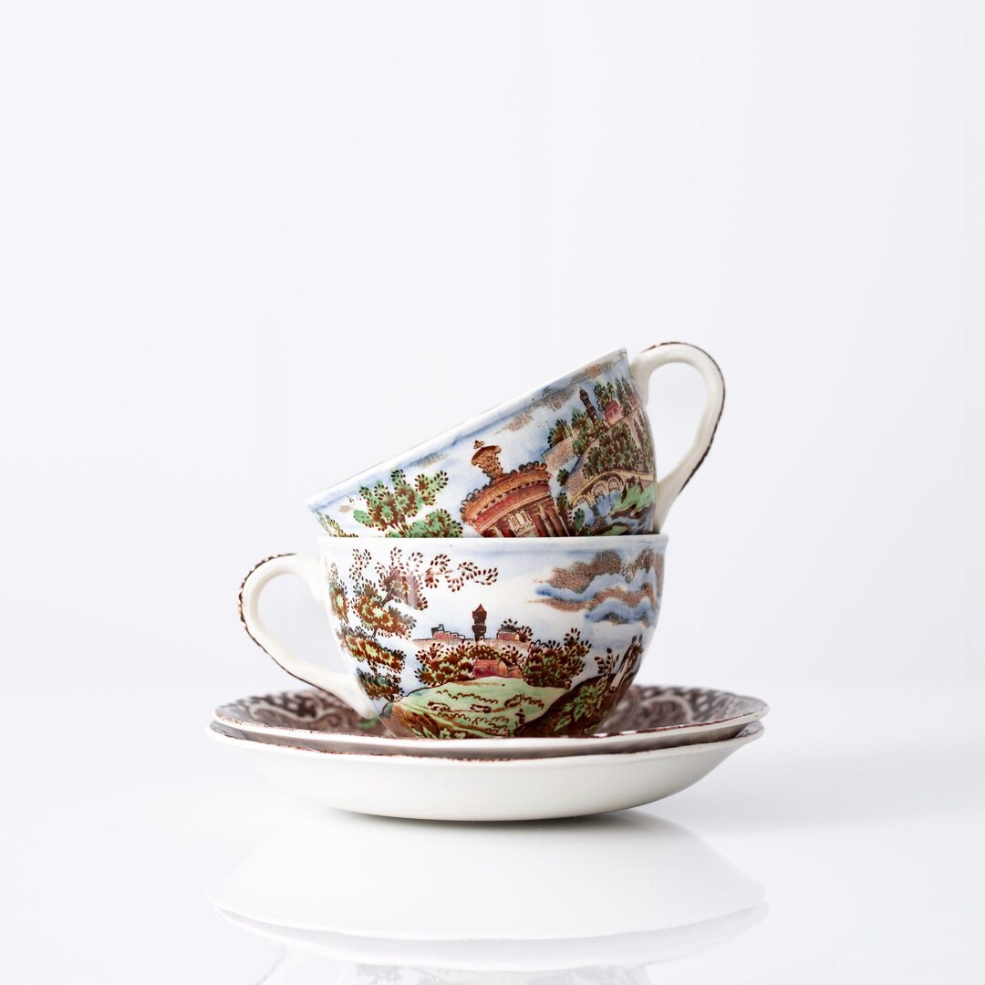 Vintage Brown Transferware Tea Cups and Saucers SET of Two Brown and ...