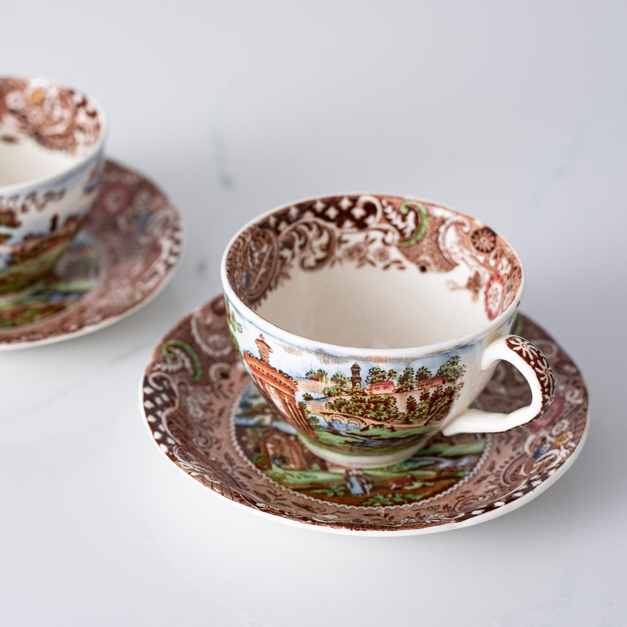 Vintage Brown Transferware Tea Cups and Saucers SET of Two Brown and ...