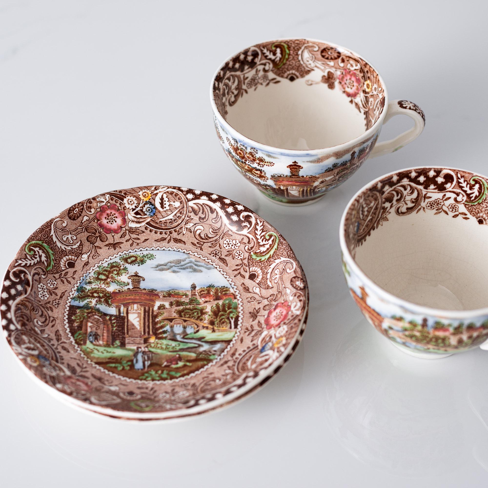 Vintage Brown Transferware Tea Cups and Saucers SET of Two Brown and ...