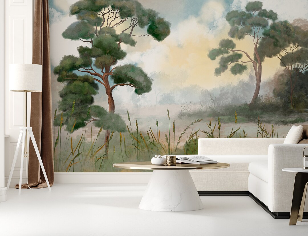 Oil Painting Tree Wallpaper Tropical Wallpaper Peel and - Etsy