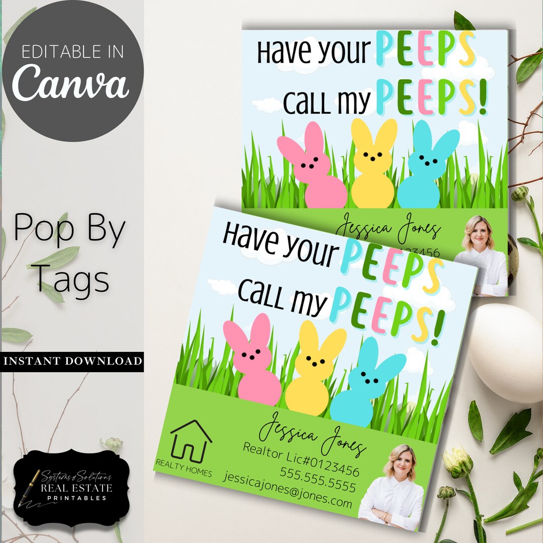 Easter Realtor Peeps Pop by Tags | Editable Canva Template Real Estate ...