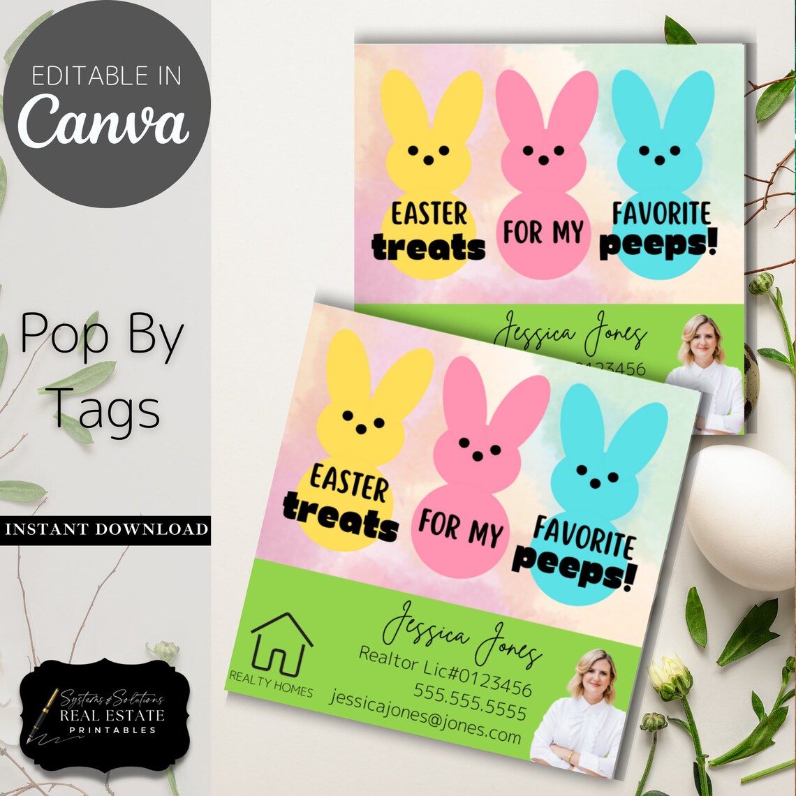 Easter Realtor Peeps Pop by Tags | Editable Canva Template Real Estate ...