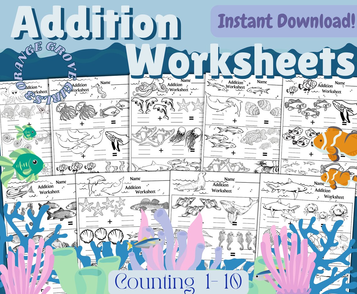 Addition Worksheets 20 Pages Ocean Animals Printable Learning Packet ...
