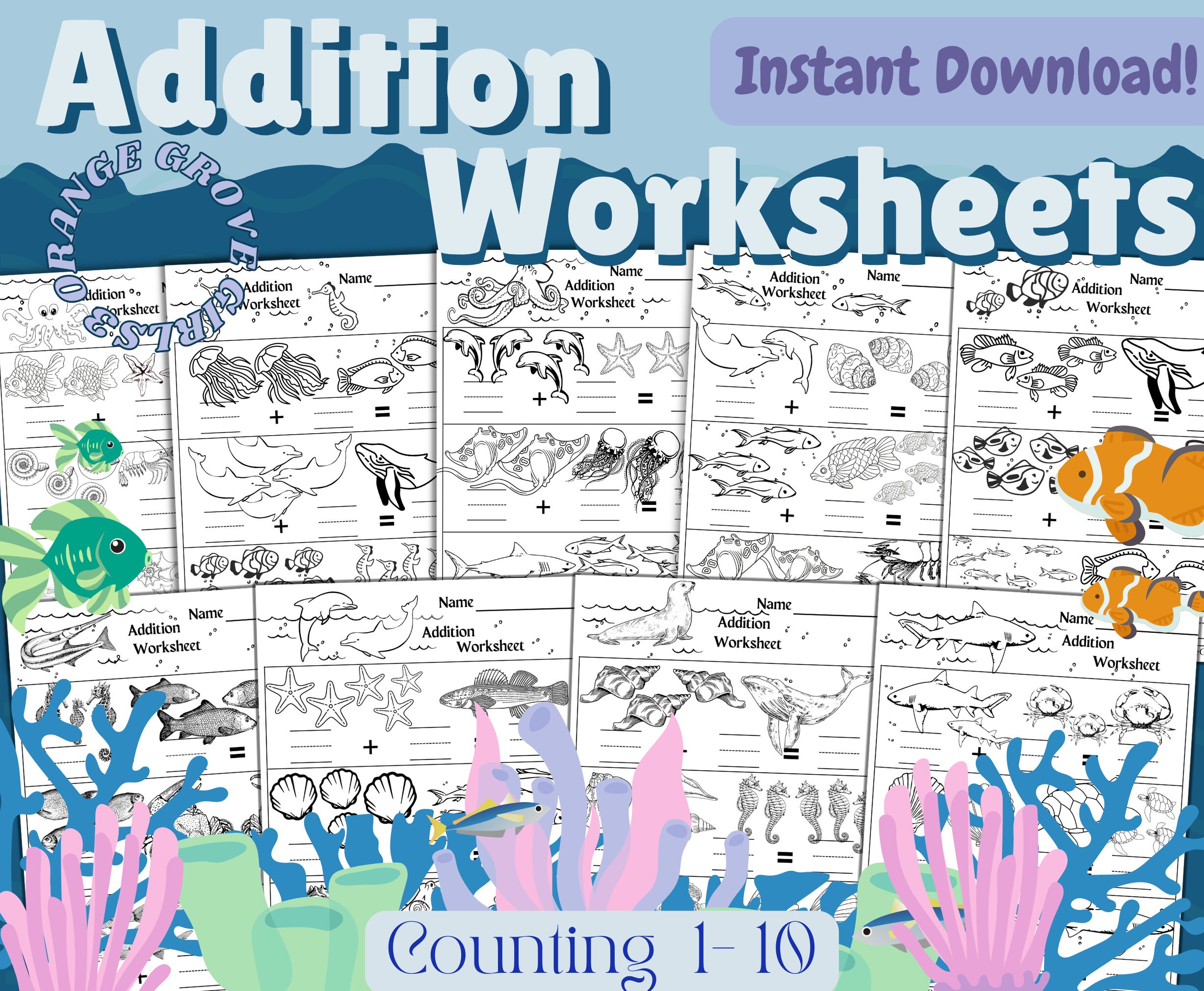 Addition Worksheets 20 Pages Ocean Animals Printable Learning Packet ...