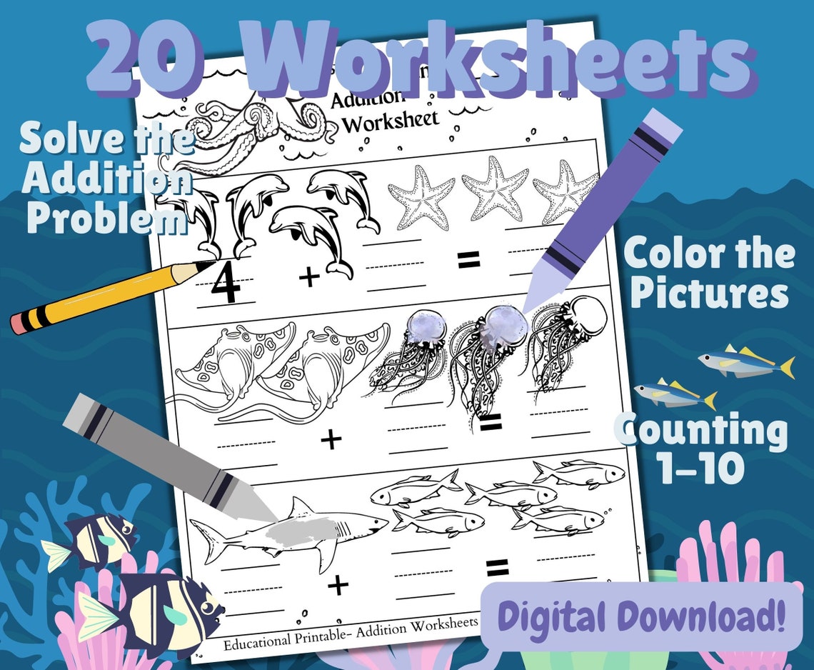 Addition Worksheets 20 Pages Ocean Animals Printable Learning Packet ...