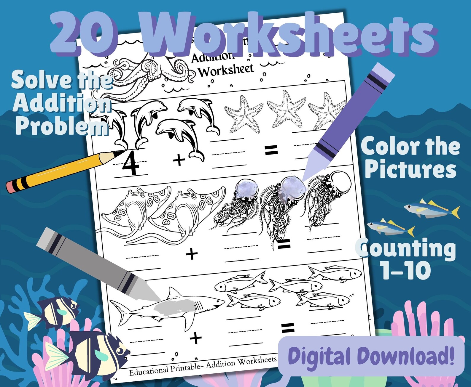 Addition Worksheets 20 Pages Ocean Animals Printable Learning Packet ...