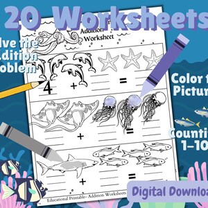 Addition Worksheets 20 Pages Ocean Animals Printable Learning Packet ...