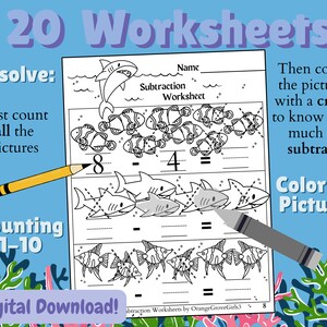 Subtraction Worksheets Ocean Animals 20 Pages Preschool Kindergarten ...