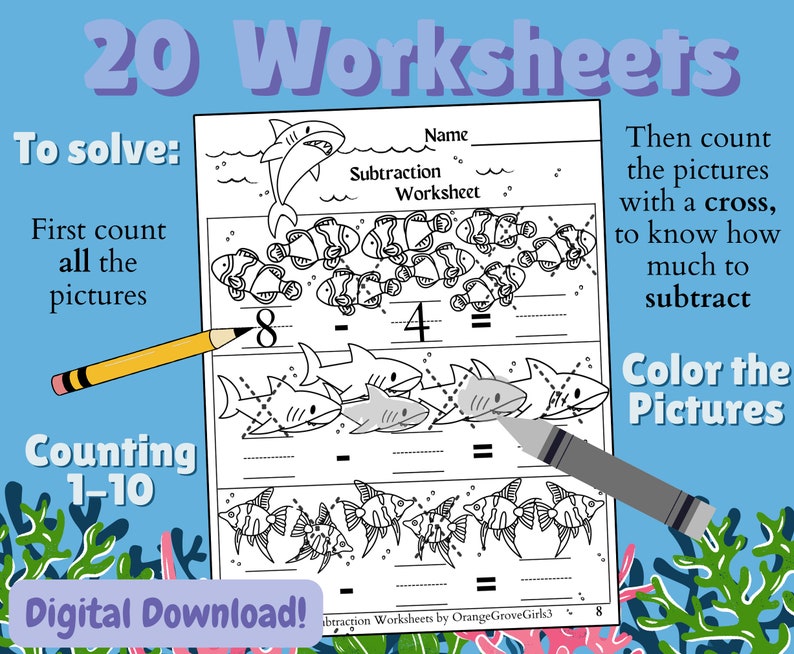 Subtraction Worksheets Ocean Animals 20 Pages Preschool Kindergarten ...