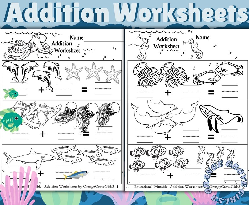 Addition Worksheets 20 Pages Ocean Animals Printable Learning - Etsy