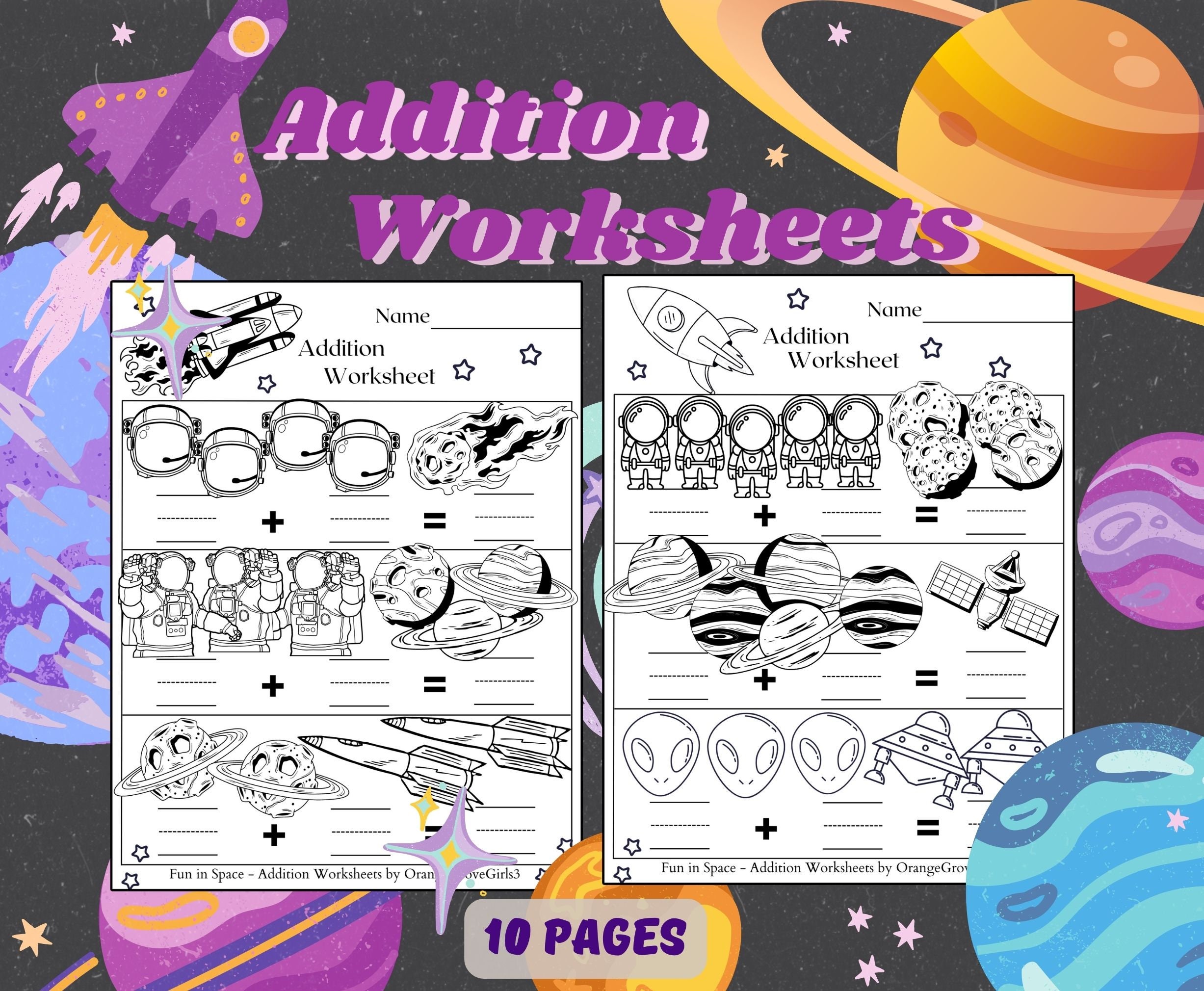 Addition Worksheets Space Theme 10 Pages Math Bundle Preschool ...