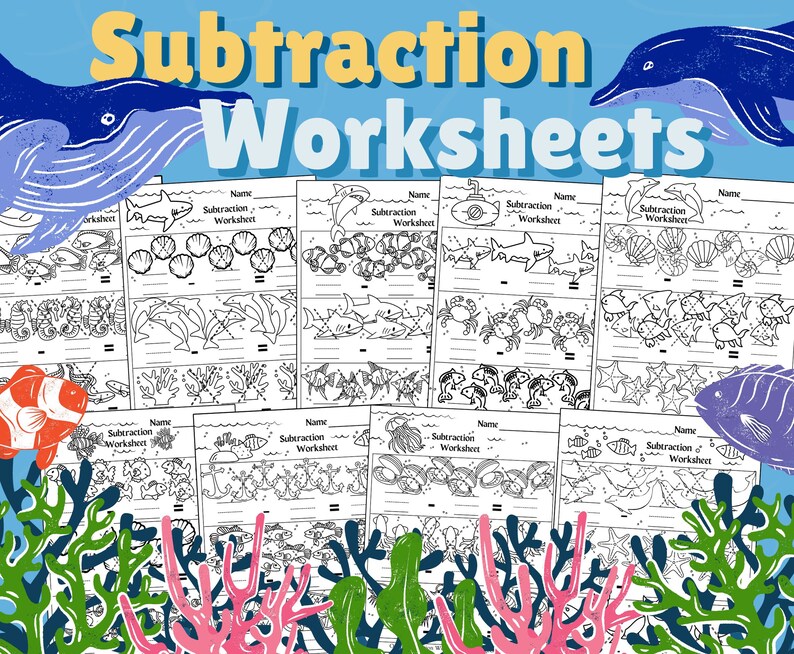 Subtraction Worksheets Ocean Animals 20 Pages Preschool Kindergarten ...