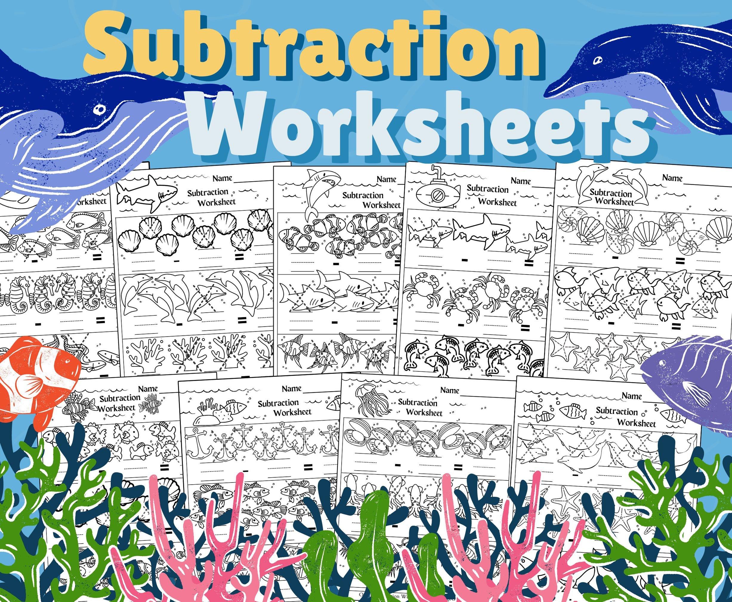 Subtraction Worksheets Ocean Animals 20 Pages Preschool Kindergarten ...