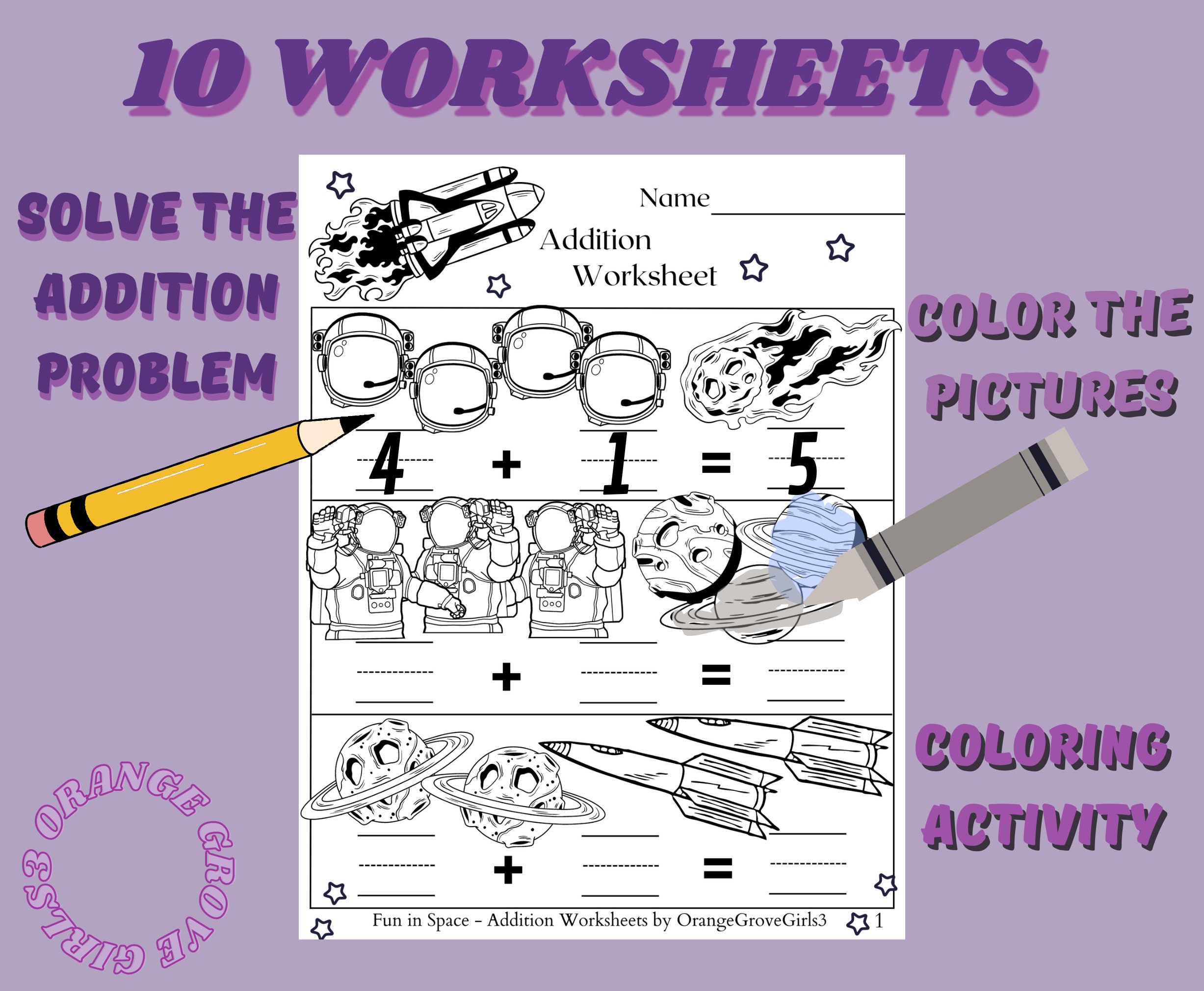 Addition Worksheets Space Theme 10 Pages Math Bundle Preschool ...