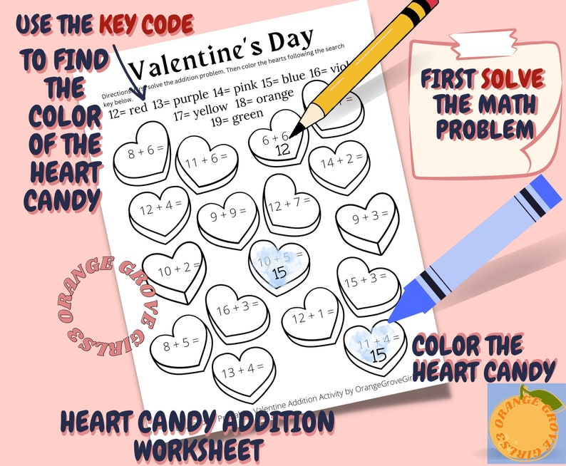 Valentine's Day Addition Worksheets Heart Candy 15 Pages Coloring ...