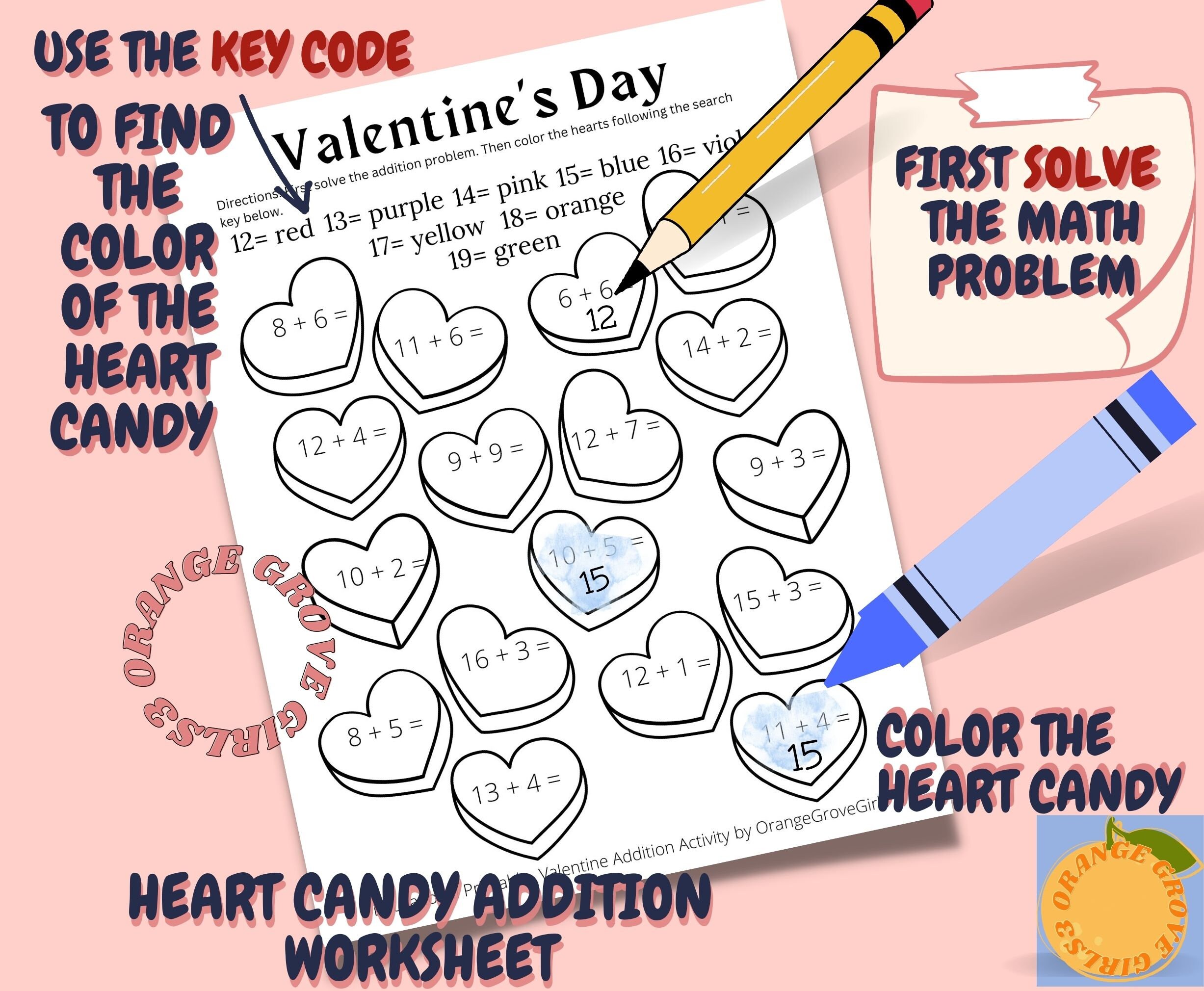 Valentine's Day Addition Worksheets Heart Candy 15 Pages Coloring ...