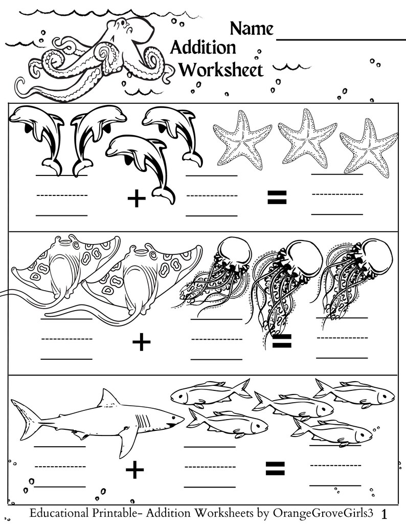 Addition Worksheets 20 Pages Ocean Animals Printable Learning Packet ...
