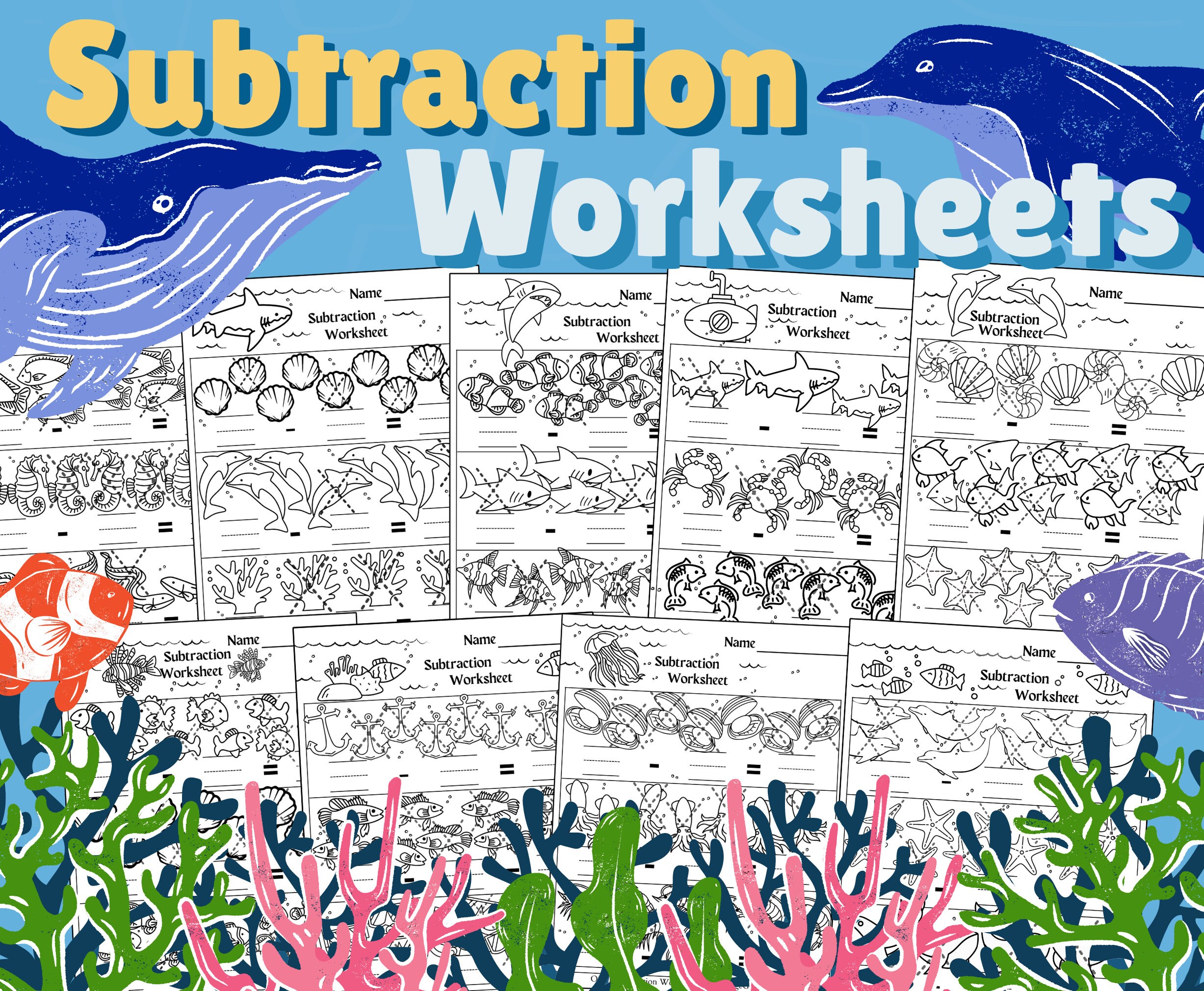 Subtraction Worksheets Ocean Animals 20 Pages Preschool - Etsy