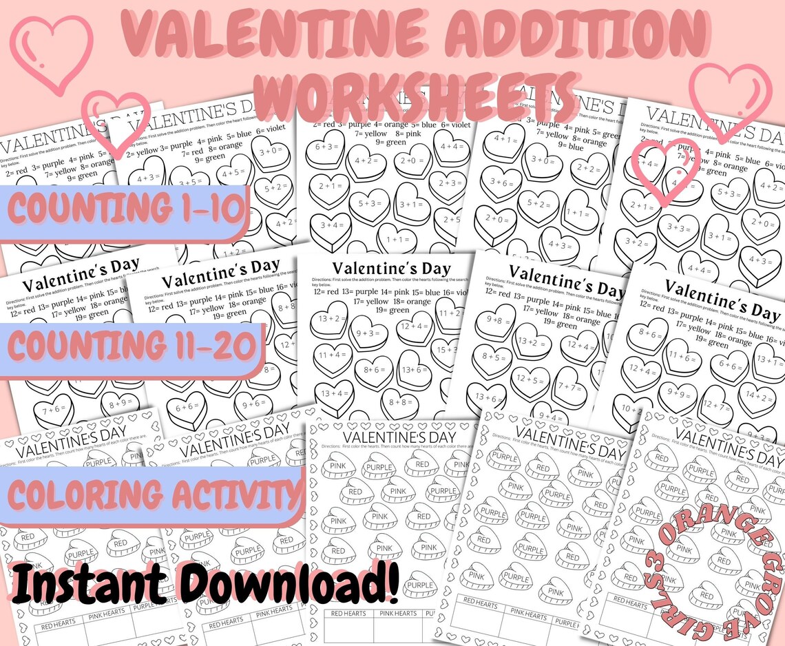 Valentine's Day Addition Worksheets Heart Candy 15 Pages Coloring ...
