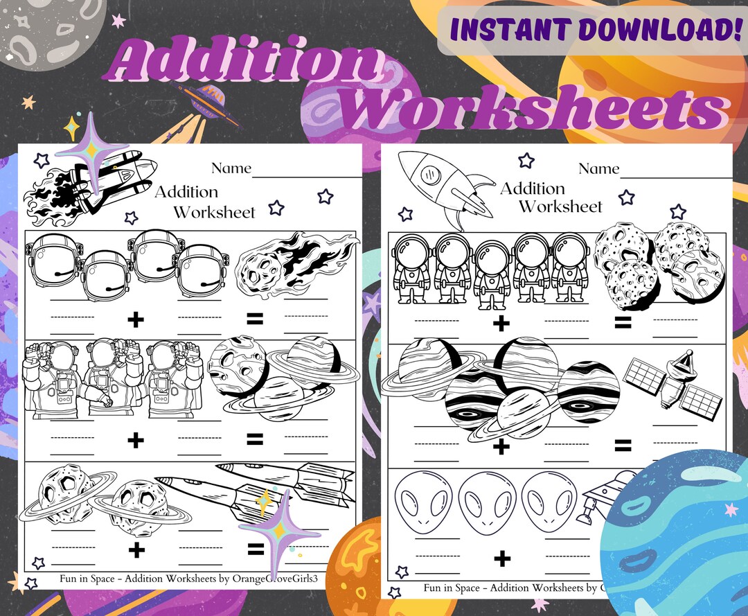 Addition Worksheets Space Theme 10 Pages Math Bundle Preschool - Etsy