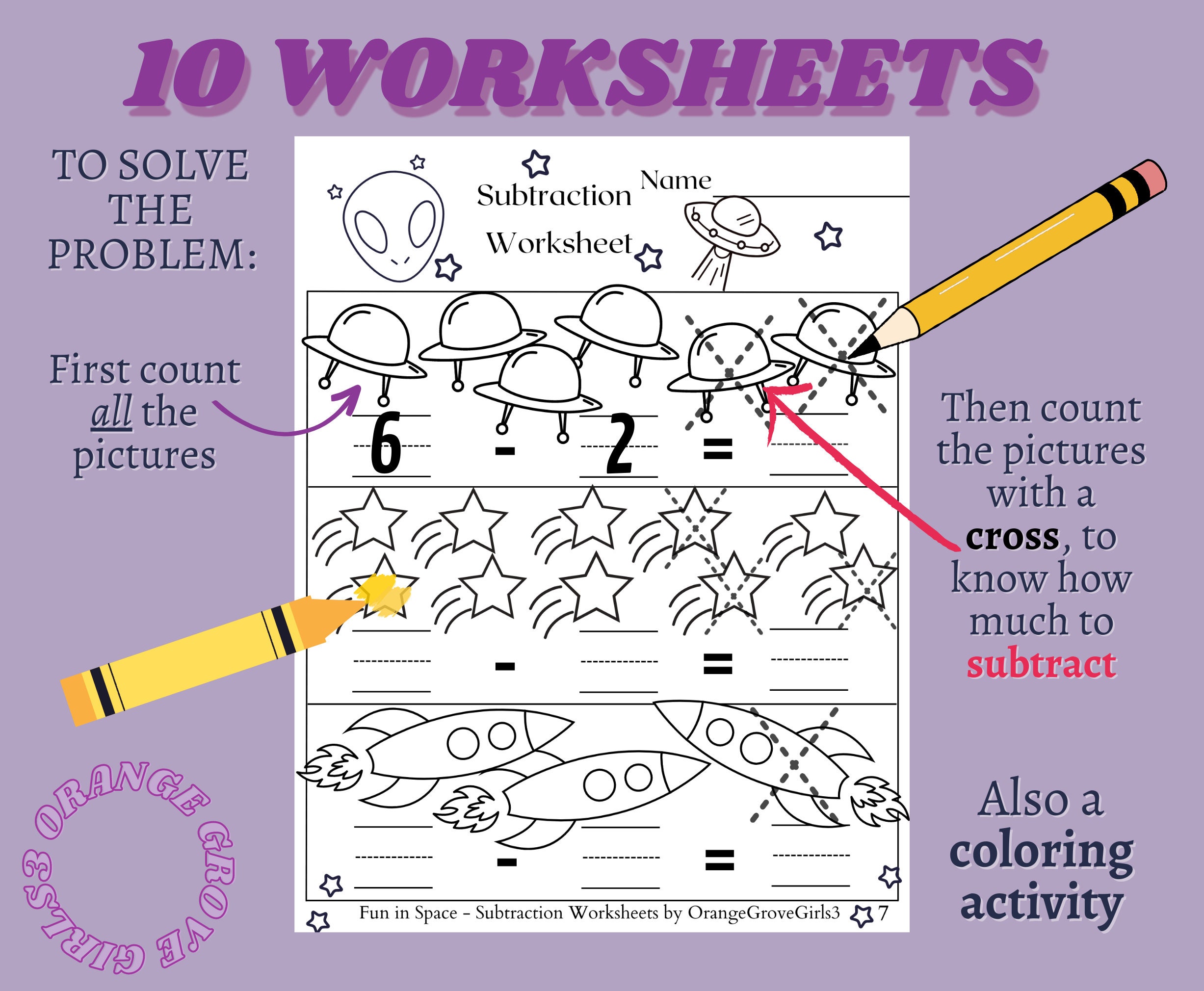 Subtraction Worksheets Outer Space Theme 10 Pages Math Bundle - Etsy