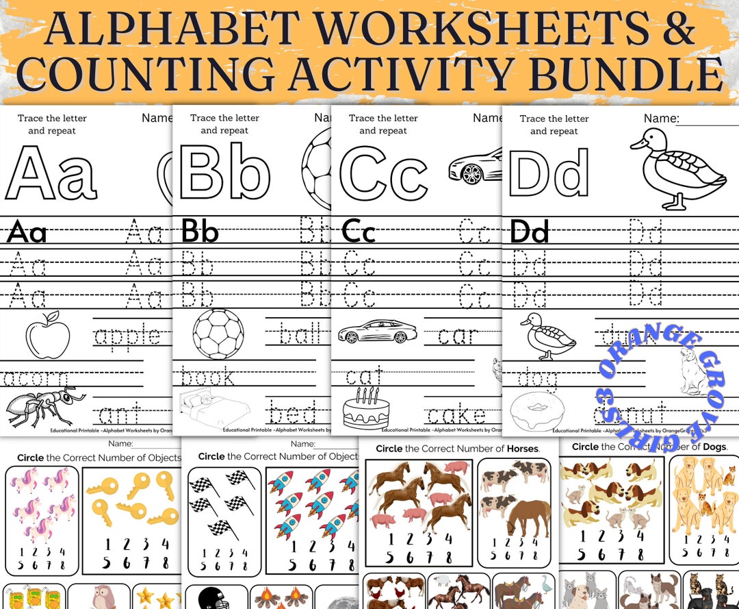 Alphabet Practice Worksheets and Counting Activity Bundle 40 - Etsy