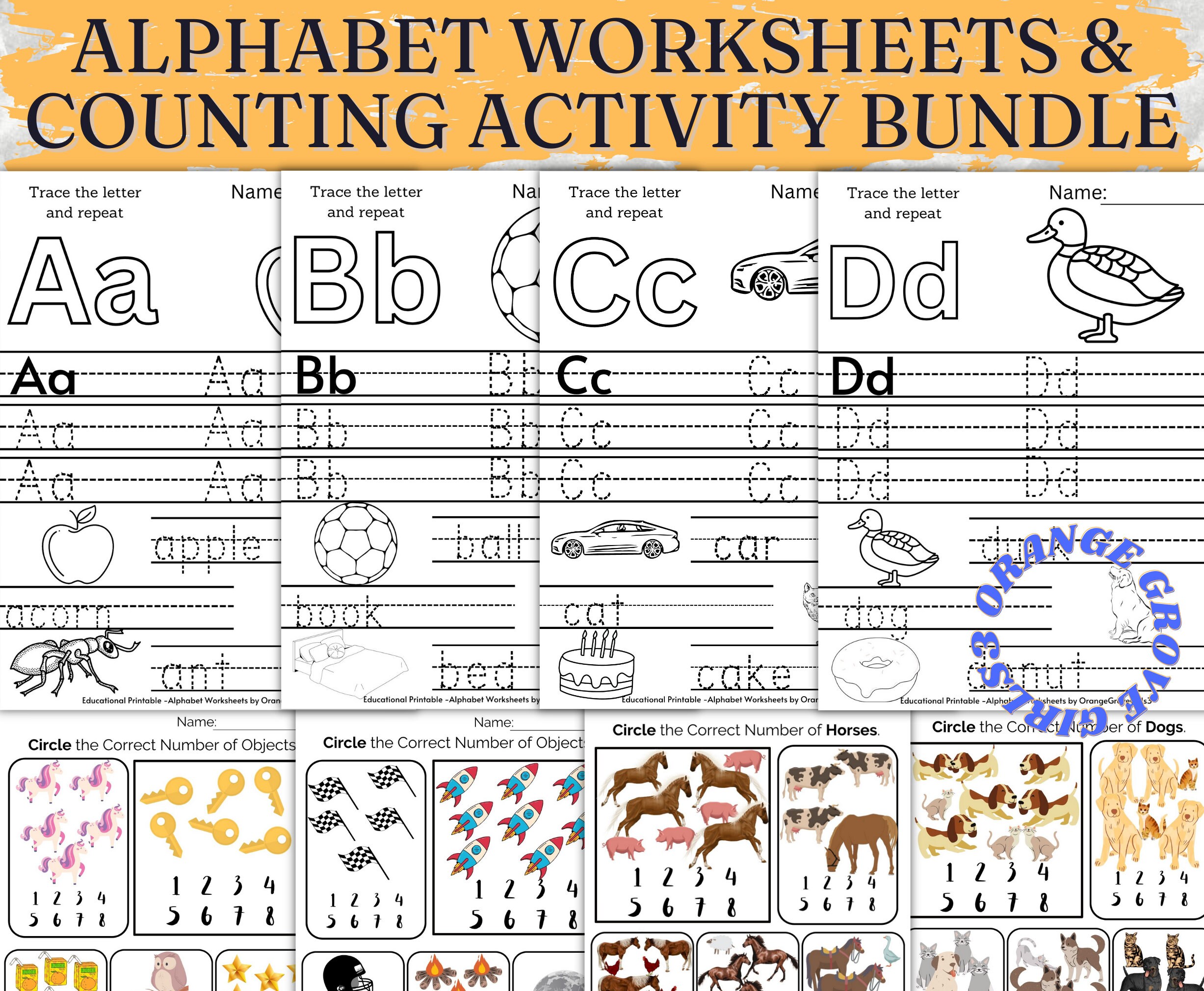 Alphabet Practice Worksheets and Counting Activity Bundle 40 - Etsy