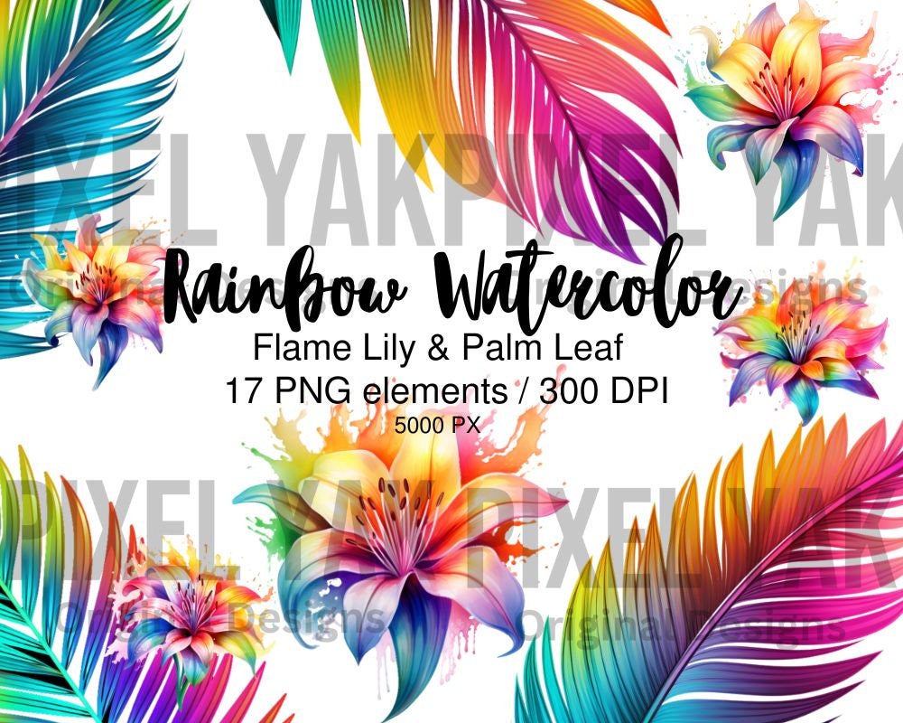 Watercolor Neon Rainbow Tropical Clipart PNG, Rainbow Palm Leaves ...