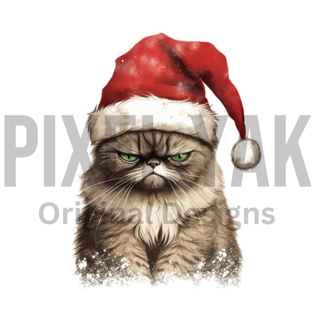 Moody Cat Christmas Clipart, Funny Winter Holiday Cat Clipart, Card ...