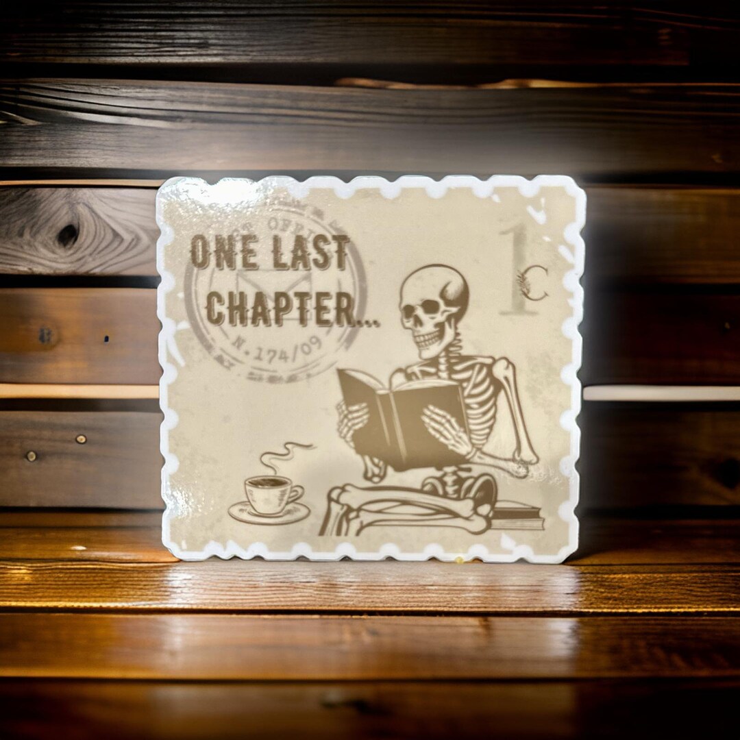 Skeleton Reading Sticker: 'one Last Chapter' Postage Stamp Vinyl Decal ...