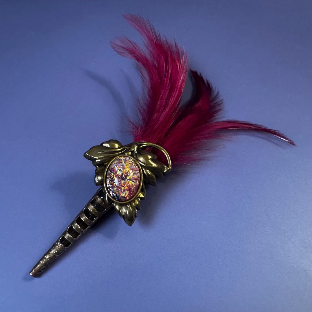 Vintage Art Deco Brass poirot Brooch With Red Ammolite Cabochon and ...