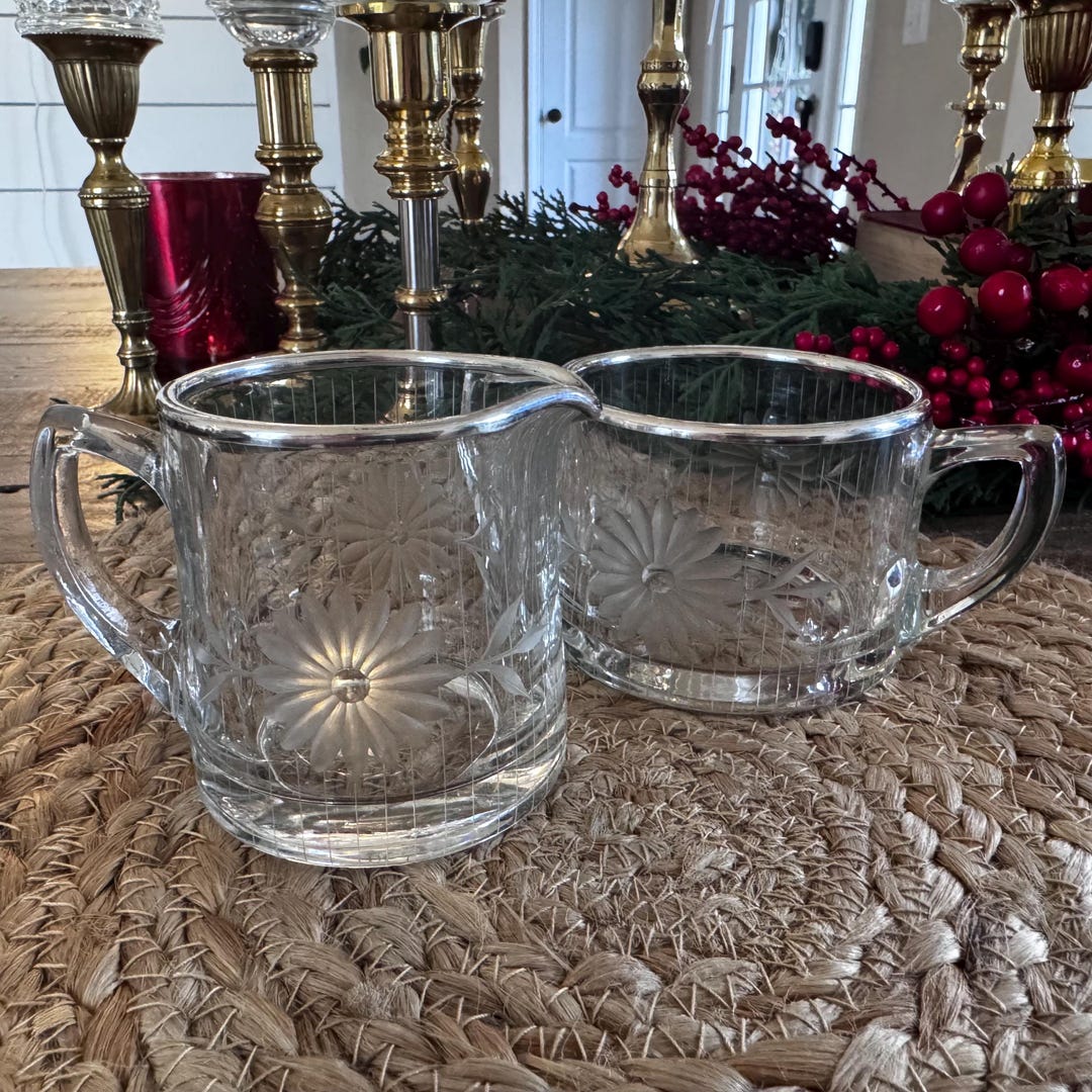 Vintage Etched Cut Depression Glass Cream and Sugar Set With Silver ...