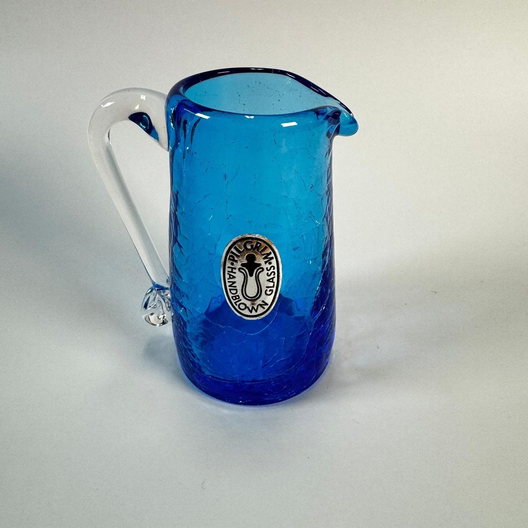 Vintage Blue Crackle Glass Mini Pitcher With Clear Handle by Pilgrim ...