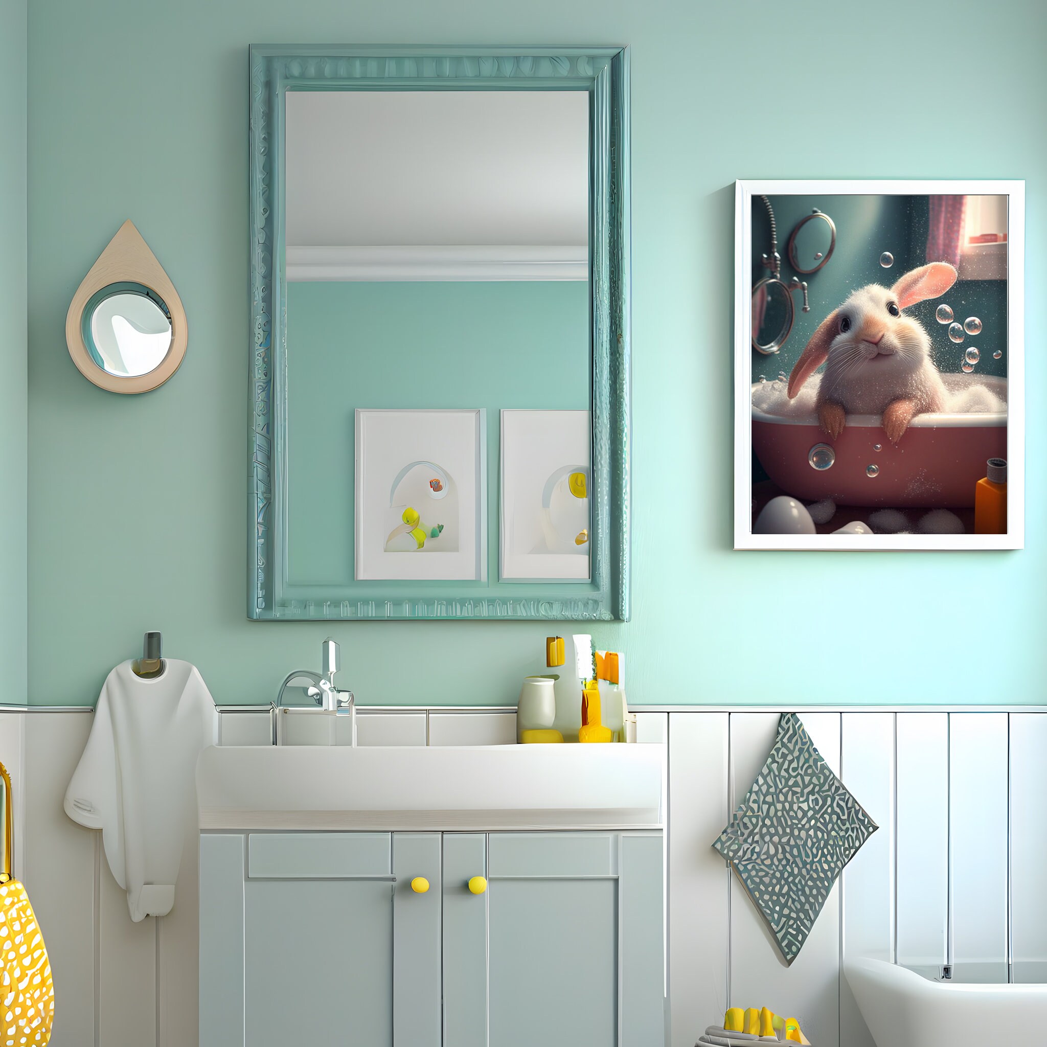 Cute Rabbit in Bath Tub Printable Wall Art | Rabbit Wall Art | Bathroom ...