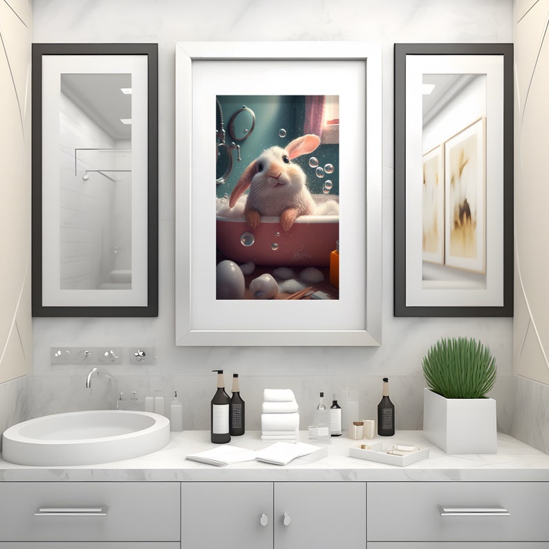 Cute Rabbit in Bath Tub Printable Wall Art | Rabbit Wall Art | Bathroom ...