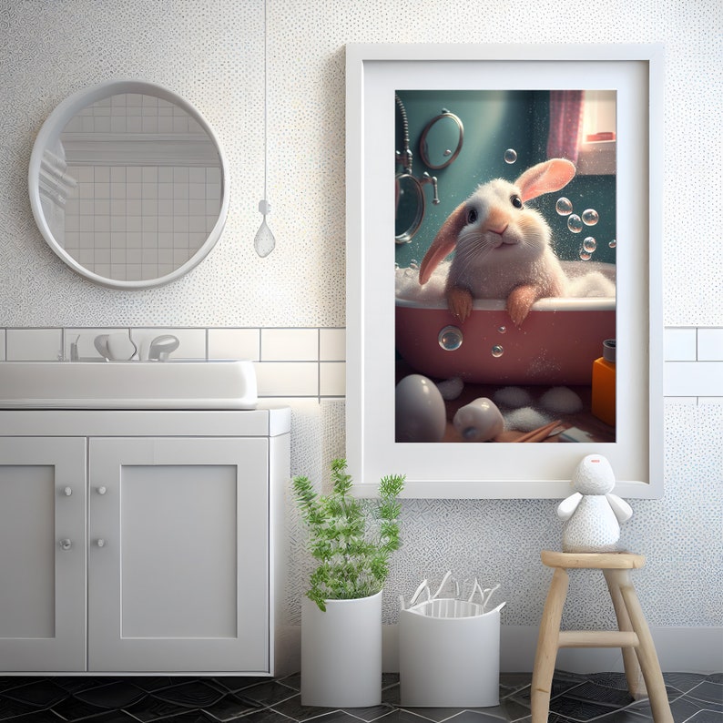 Cute Rabbit in Bath Tub Printable Wall Art | Rabbit Wall Art | Bathroom ...