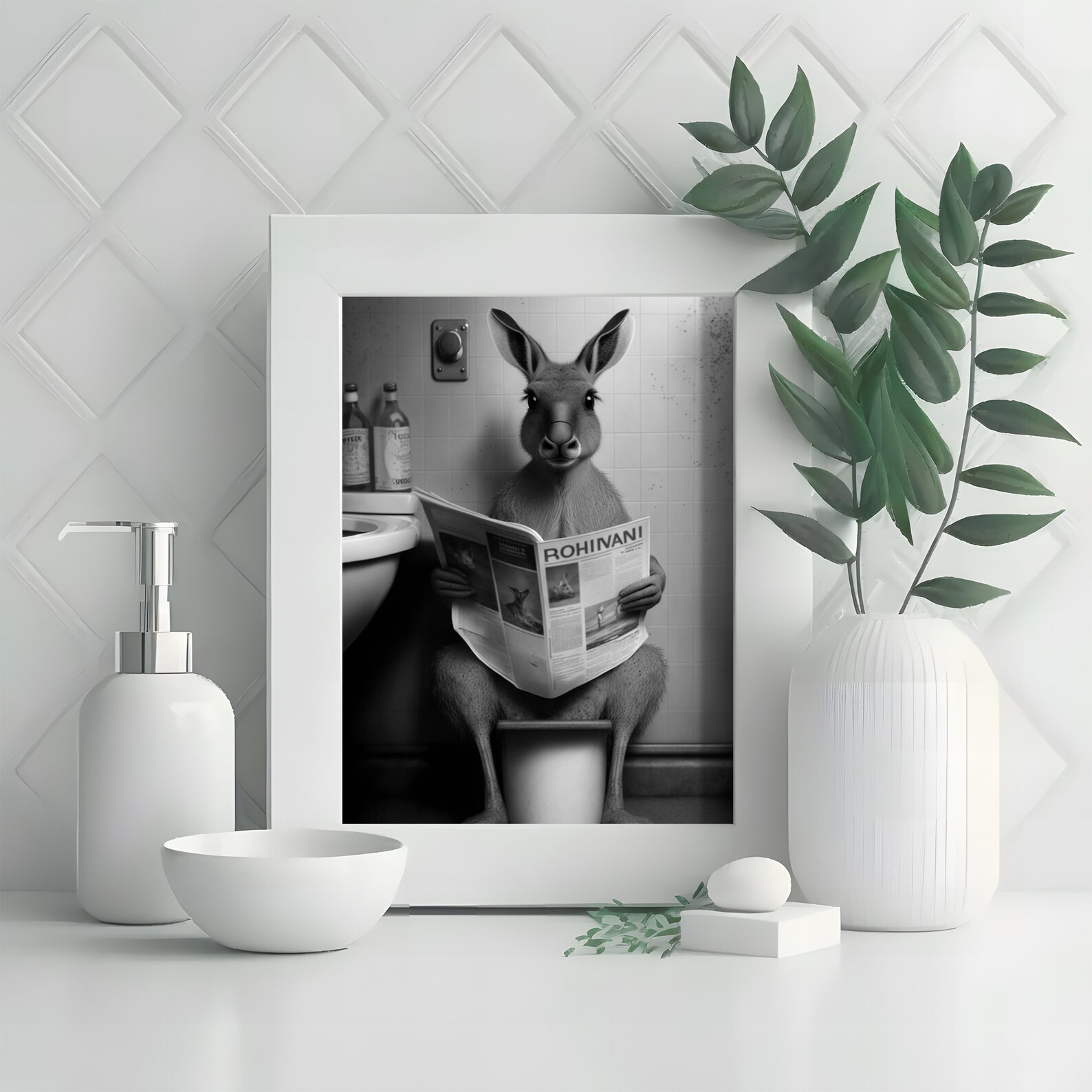 Kangaroo in the Toilet Reading Newspaper Digital Print | Funny Animal ...