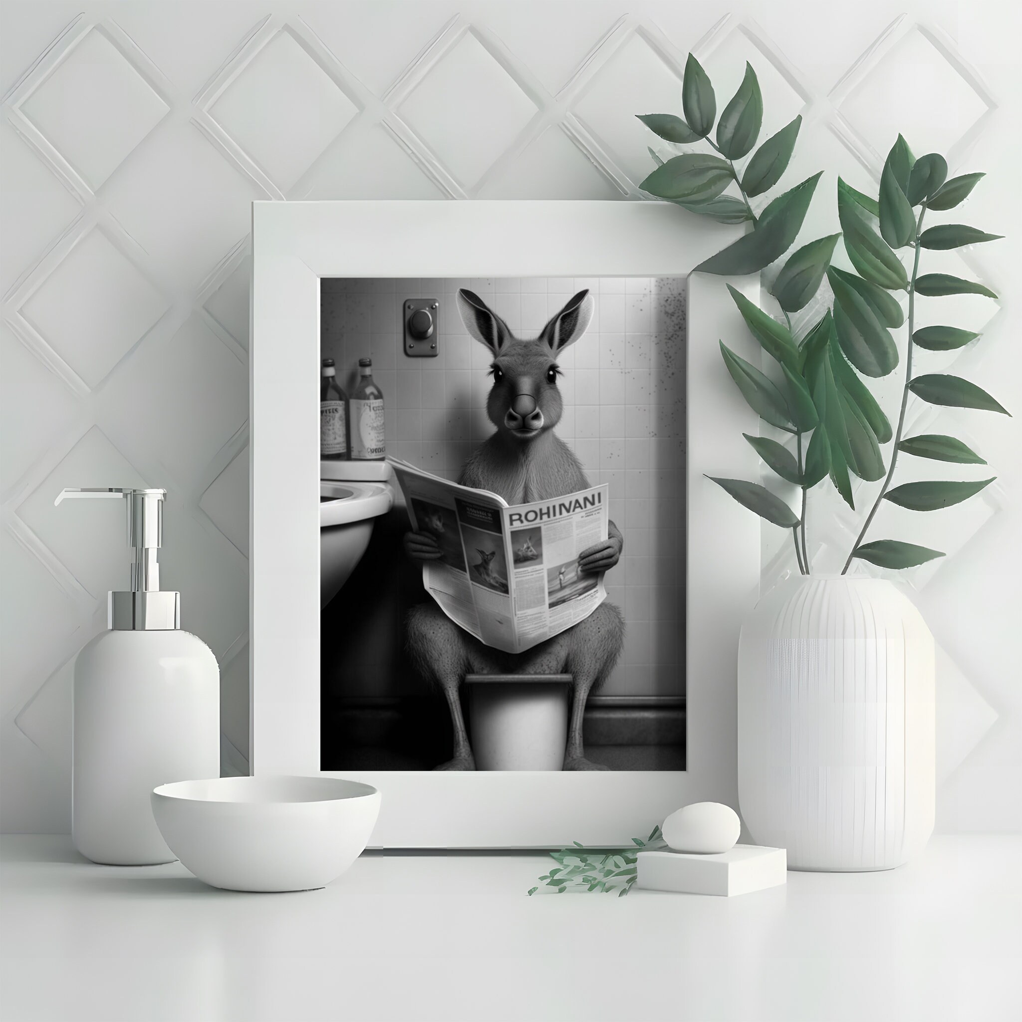 Kangaroo in the Toilet Reading Newspaper Digital Print Funny Animal ...