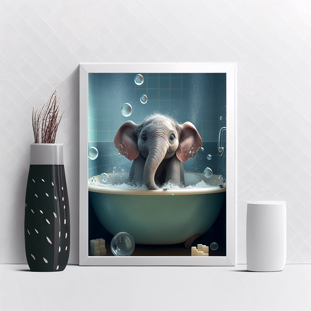 Cute Baby Elephant in Bath Tub Printable Wall Art | Elephant Wall Art ...
