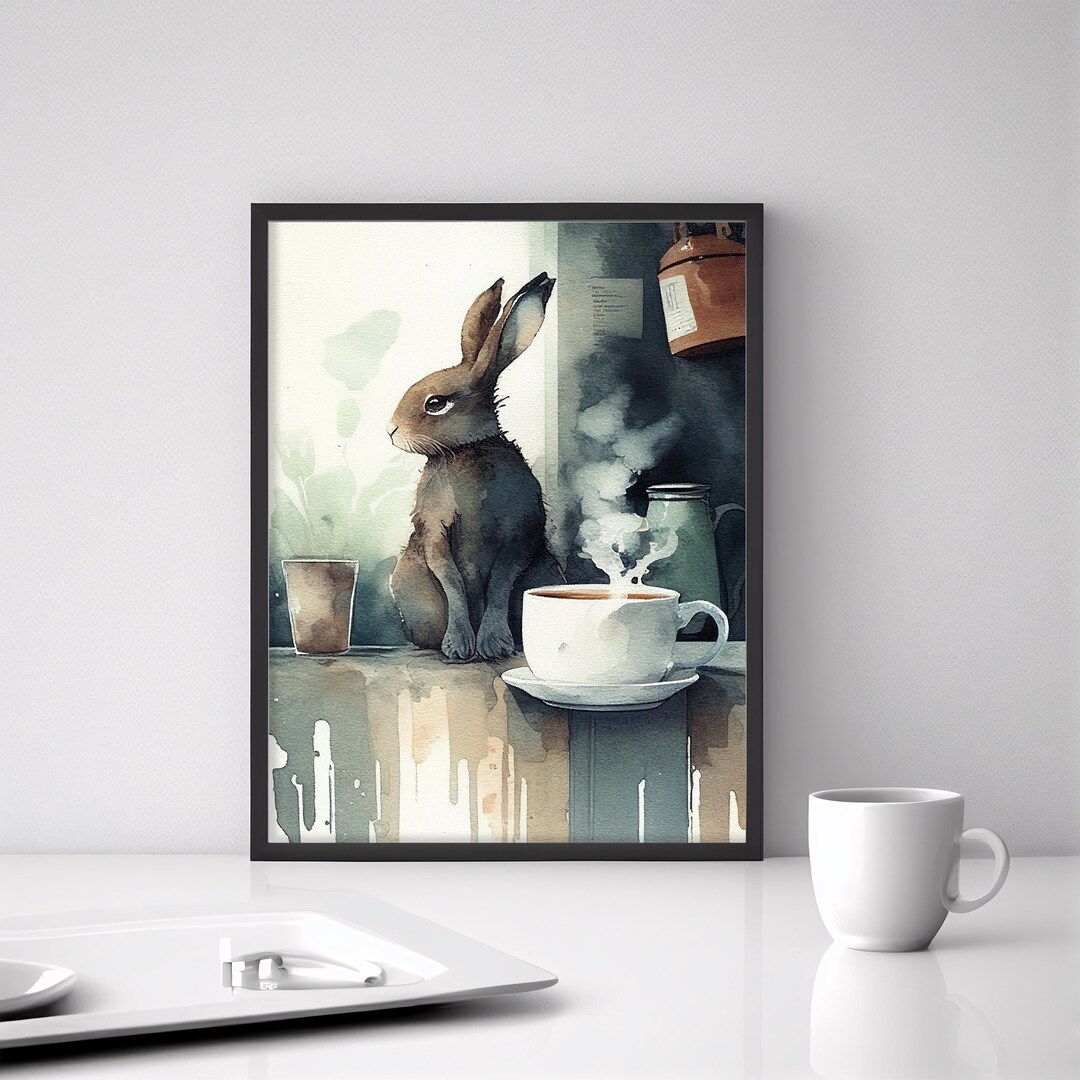 Rabbit Drinking Coffe Printable Wall Art | Watercolor Rabbit Wall Art ...